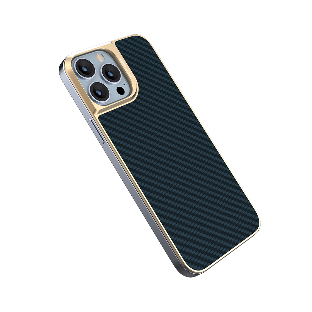 Aluminum Ballistic Fiber Backplate for iPhone 13 – Gold Stealth Blue